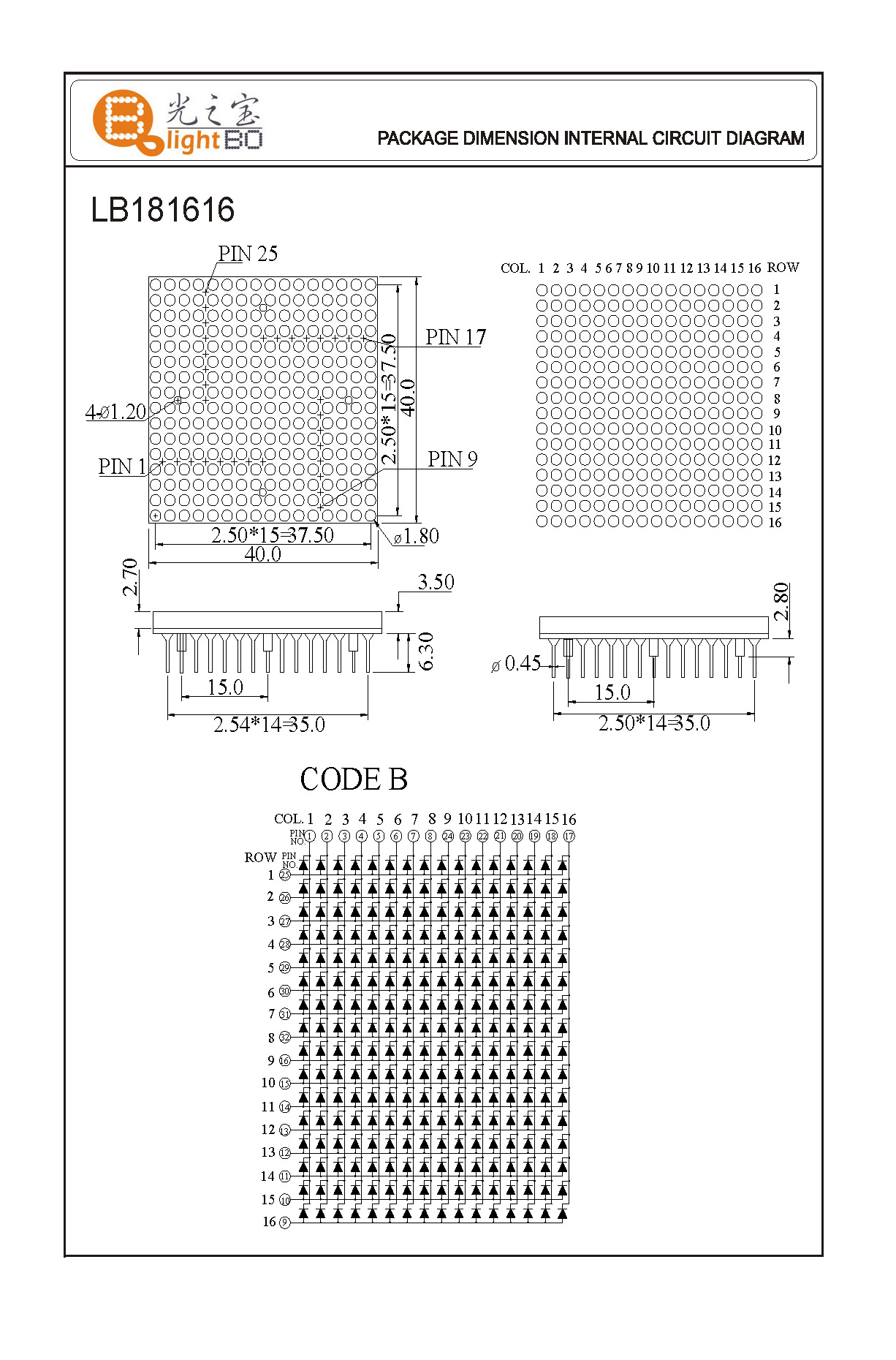 1.9mm 16 x 16 dot matrix led display with package dimensions 40 x 40 x ...