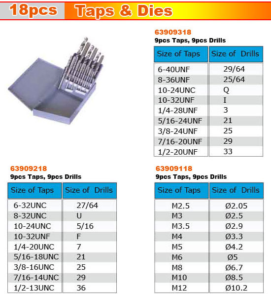 18pcs of taps and drill set 9pcs taps M2.5, M3, M3.5,M4,M5,M6,M8,M10 ...